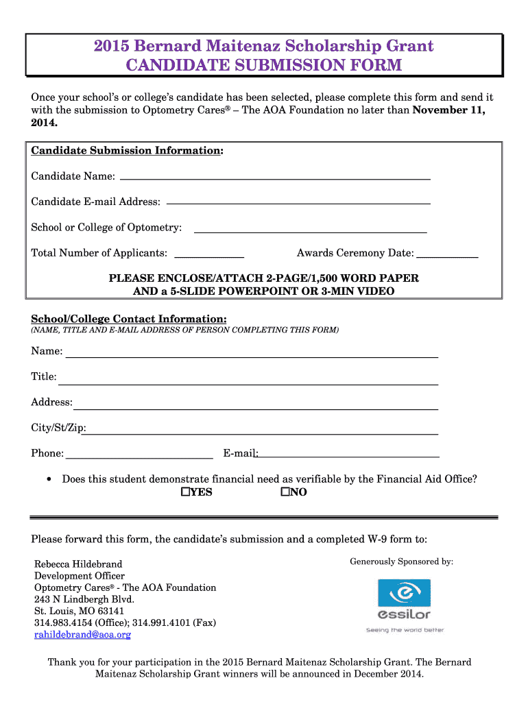 Fillable Online MAITENAZ Candidate Submission Form 2015 - The AOA ...