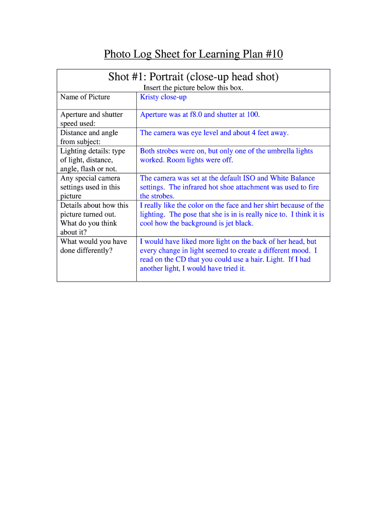 Fillable Online Photo Log Sheet for Learning Plan #10 Fax Email Print ...