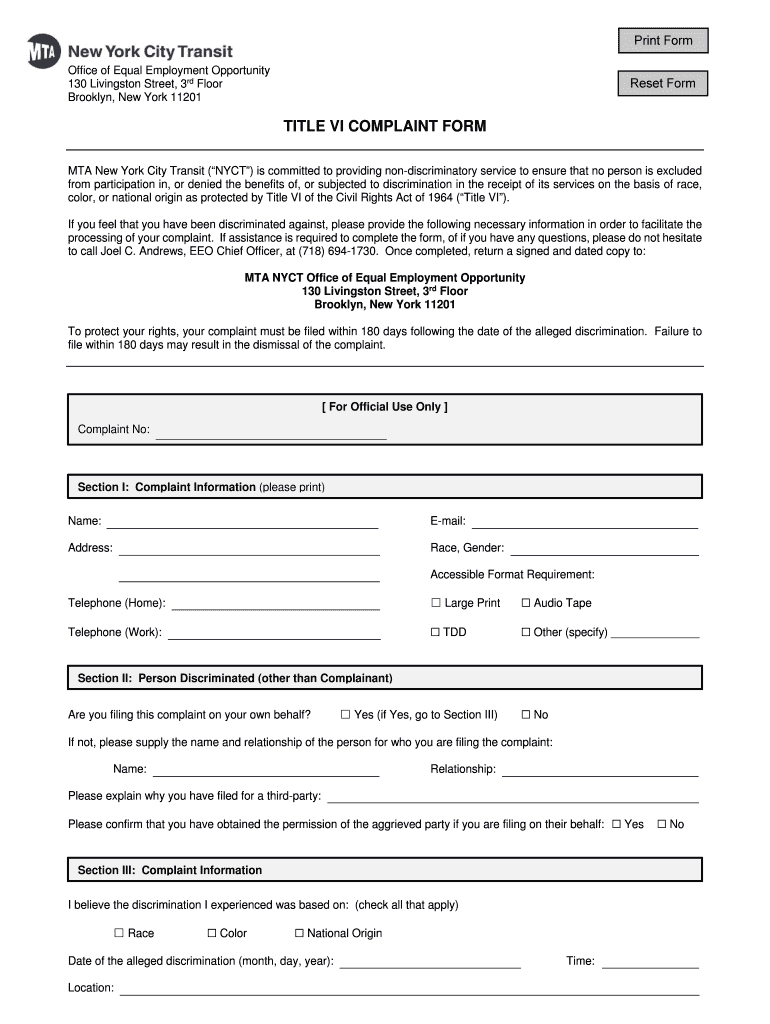 Fillable Online Title vi bcomplaintb form - MTA Fax Email Print - pdfFiller