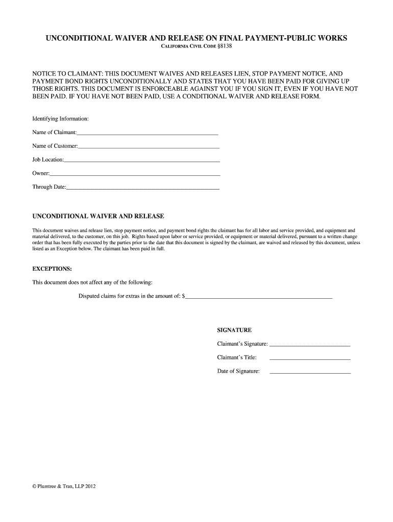 Fillable Online unconditional waiver and release on final payment Fax ...