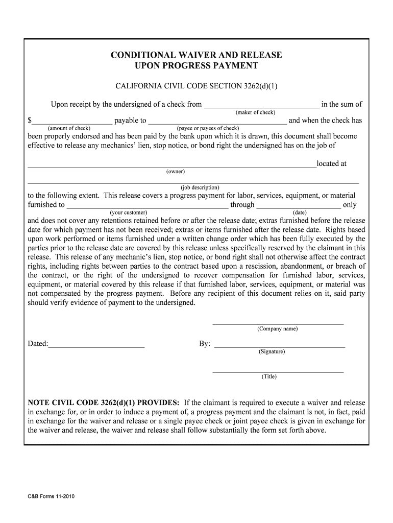 Fillable Online CONDITIONAL WAIVER AND RELEASE UPON PROGRESS PAYMENT ...