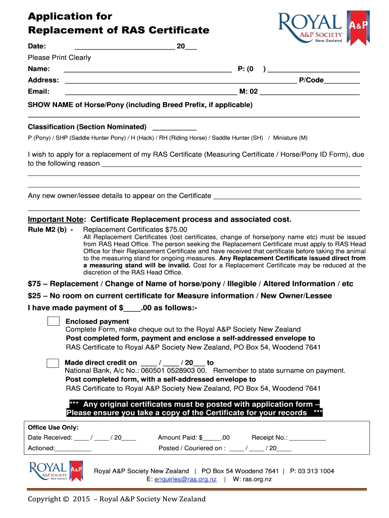 Fillable Online ras org Application for Replacement of RAS Certificate ...