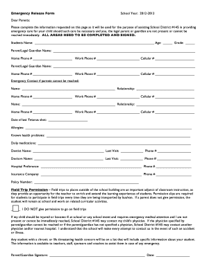 Fillable Online Emergency Release Form School Year Fax Email Print ...