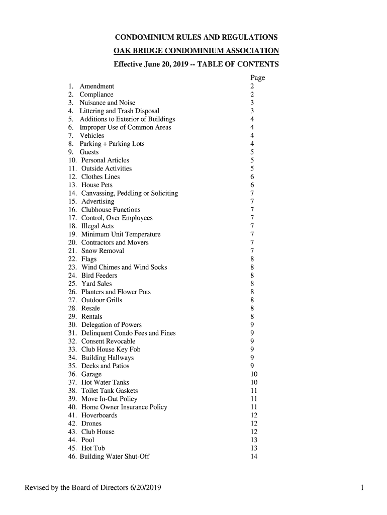Fillable Online CONDOMINIUM RULES AND REGULATIONS OAK BRIDGE ...