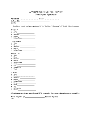 Fillable Online APARTMENT CONDITION REPORT Penn Square Apartments Fax ...