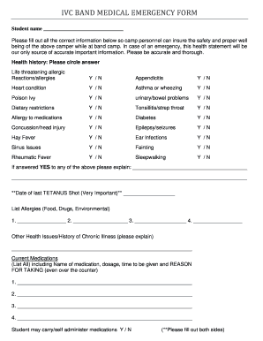 Fillable Online IVC BAND MEDICAL EMERGENCY FORM Fax Email Print - pdfFiller