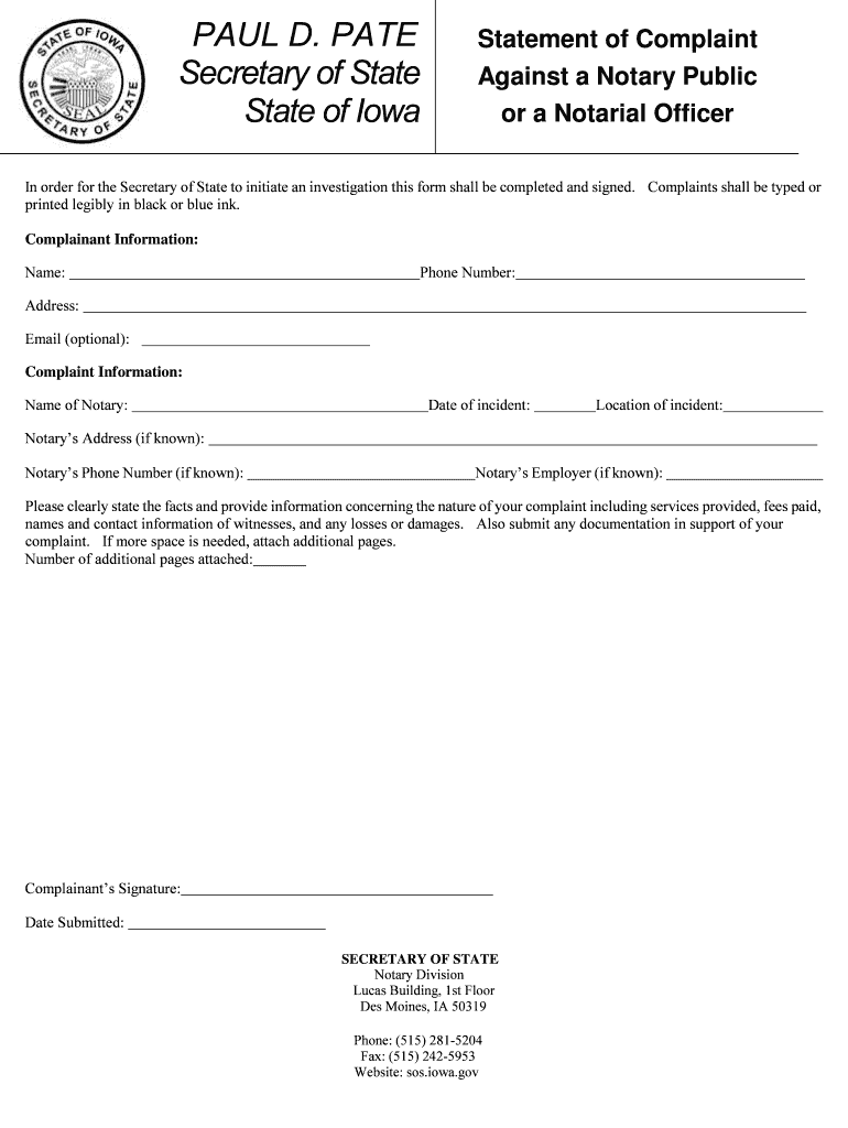 Fillable Online sos iowa Complainant Information Complaint Information ...