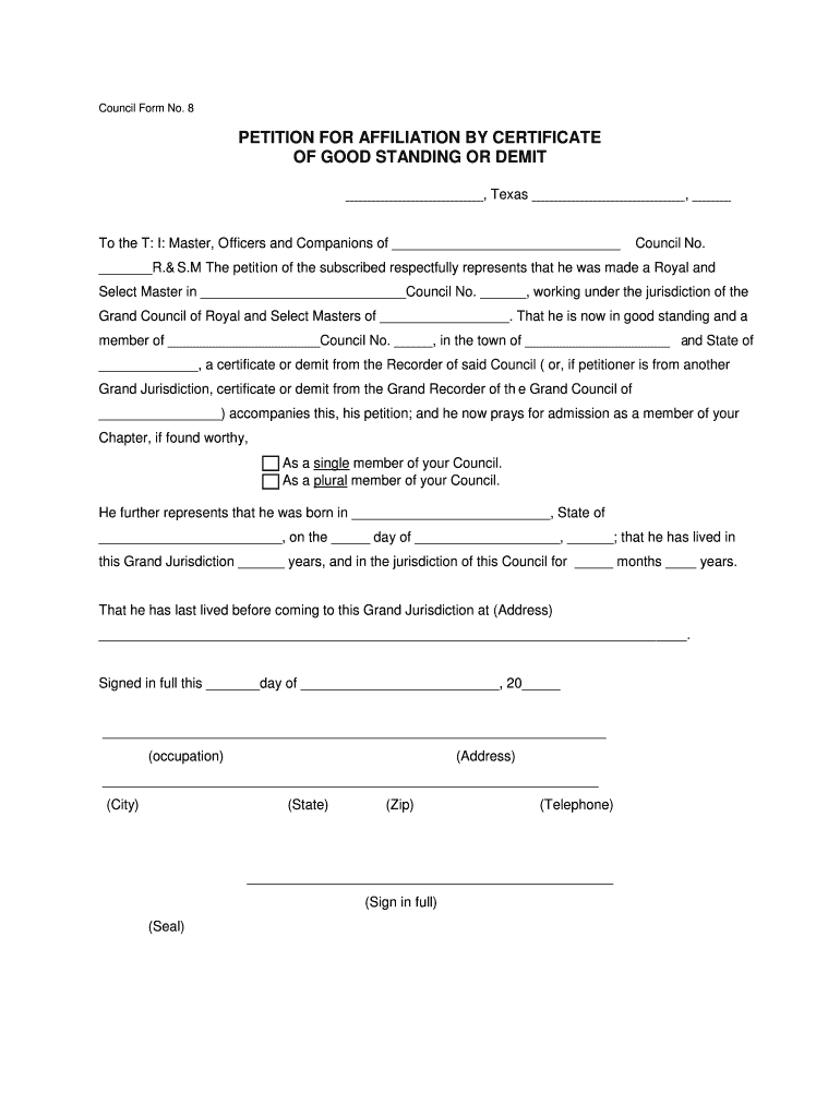 Fillable Online 8 PETITION FOR AFFILIATION BY CERTIFICATE OF GOOD ...
