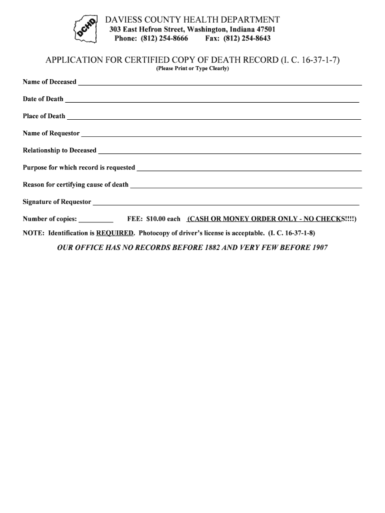 Fillable Online APPLICATION FOR CERTIFIED COPY OF DEATH RECORD I C 16 ...
