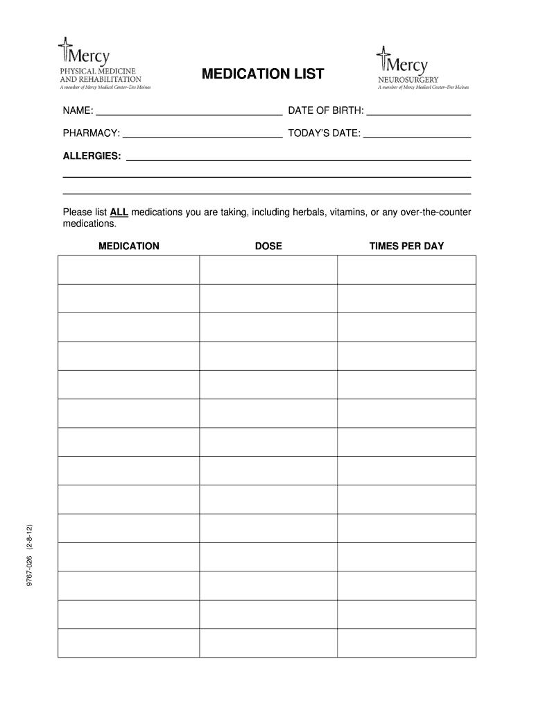 Fillable Online mercydesmoines MEDICATION LIST - Mercy Medical Center ...