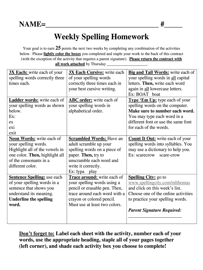 Fillable Online Weekly Spelling Homework Fax Email Print - pdfFiller