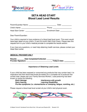 Fillable Online SETA HEAD START Blood Lead Level Results Fax Email ...