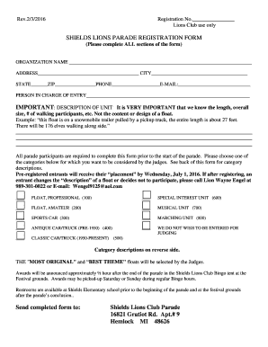 Fillable Online thomastwp SHIELDS LIONS PARADE REGISTRATION FORM Please ...