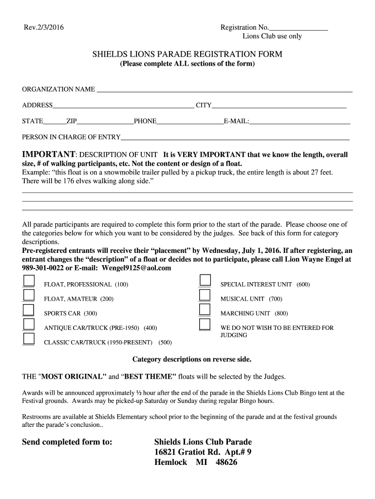 Fillable Online thomastwp SHIELDS LIONS PARADE REGISTRATION FORM Please ...
