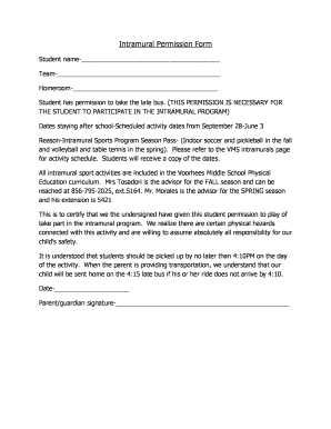 Fillable Online Intramural Permission Form - Voorhees Township Public ...