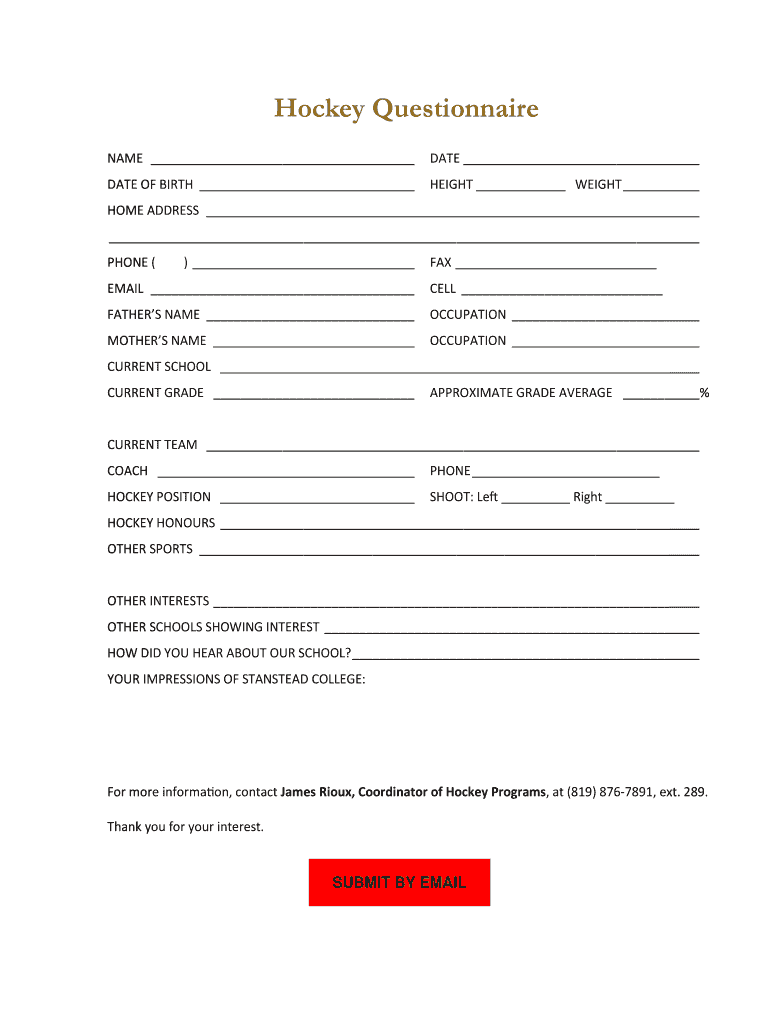 Fillable Online Hockey Questionnaire - Stanstead College Fax Email ...