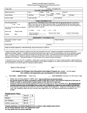 Fillable Online Softball Program Registration Parent Permission Form ...