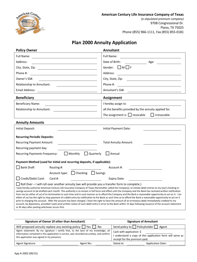 Fillable Online Plan 2000 Annuity Application - acl-txcom Fax Email ...