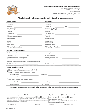 Fillable Online Single Premium Immediate Annuity Application App SPIA ...