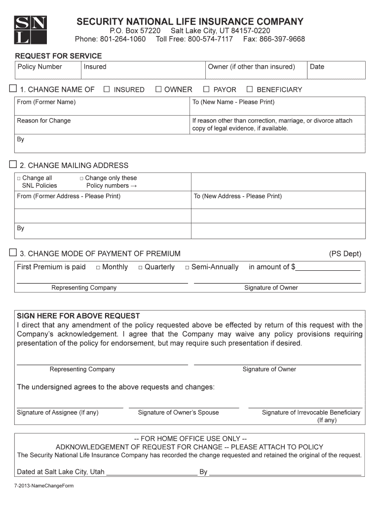 Fillable Online BENEFICIARY - Security National Life Insurance Company ...