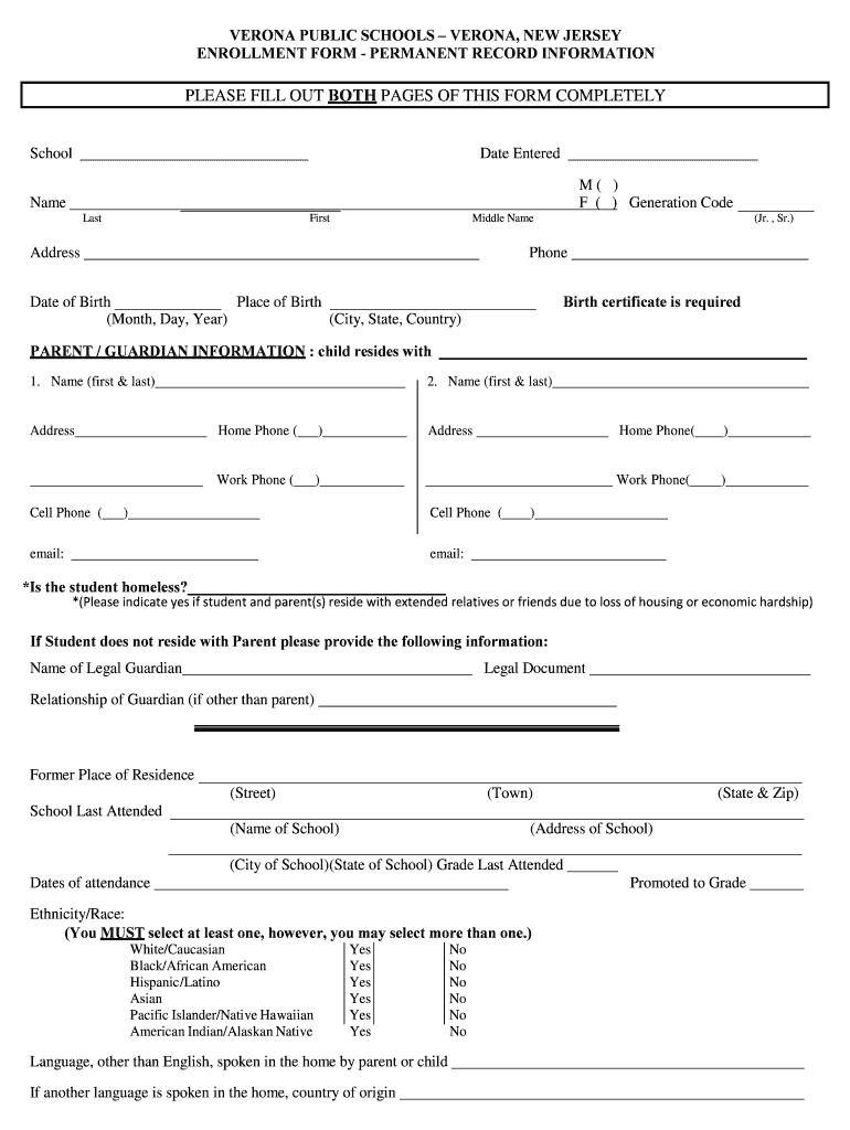 Fillable Online veronaschools VERONA PUBLIC SCHOOLS VERONA, NEW JERSEY - veronaschools Fax Email ...