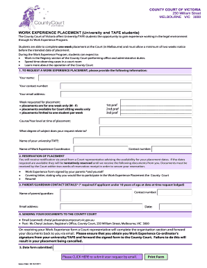 Fillable Online WORK EXPERIENCE PLACEMENT University and TAFE students ...