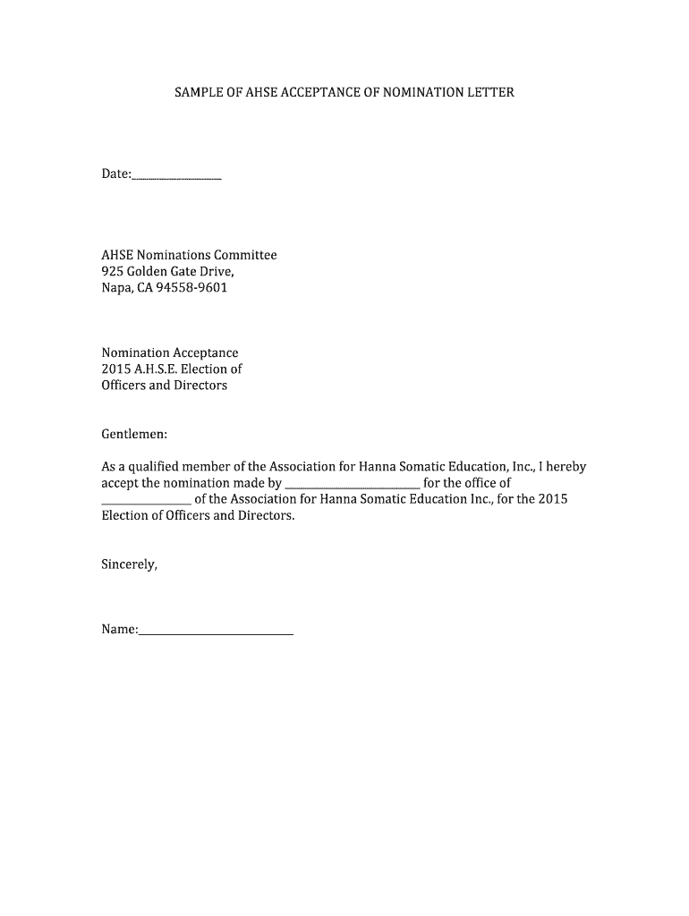 Fillable Online SAMPLE OF AHSE ACCEPTANCE OF NOMINATION LETTERdocx Fax ...