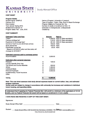 Fillable Online apdesign k-state COST SHEET COST SUMMARY - College of ...