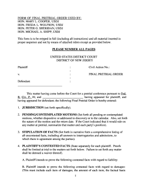 Fillable Online njd uscourts FORM OF FINAL PRETRIAL ORDER USED BY HON ...