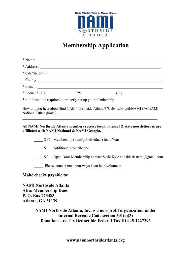 Fillable Online naminorthsideatlanta NAMI membership app - Nami ...