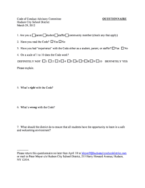 Fillable Online Code of Conduct Advisory Committee QUESTIONNAIRE Hudson ...