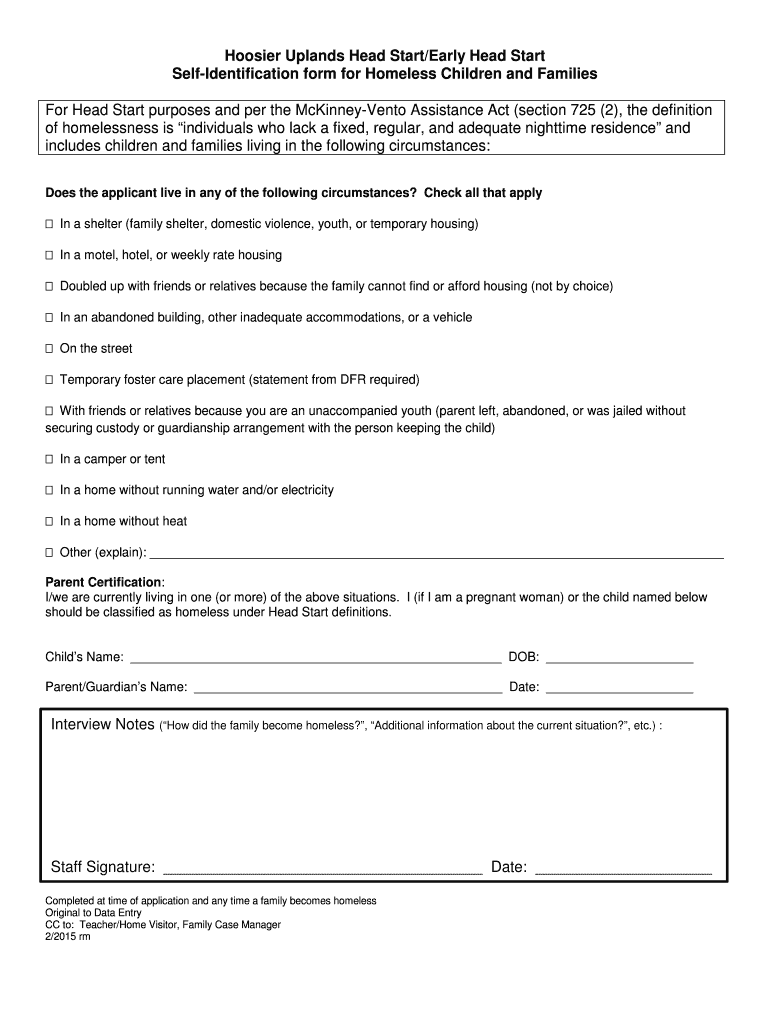 Fillable Online Hoosier Uplands Head StartEarly Head Start Self Fax ...