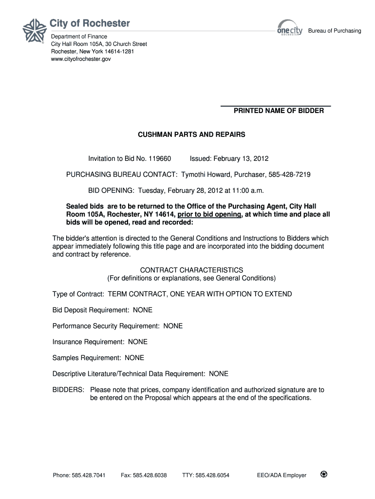 Fillable Online www2 cityofrochester PRINTED NAME OF BIDDER CUSHMAN ...