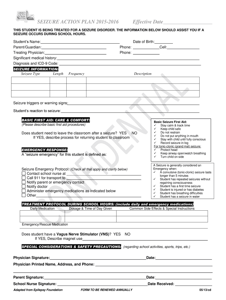 Fillable Online SEIZURE ACTION PLAN 2015-2016 Effective Date Fax Email ...