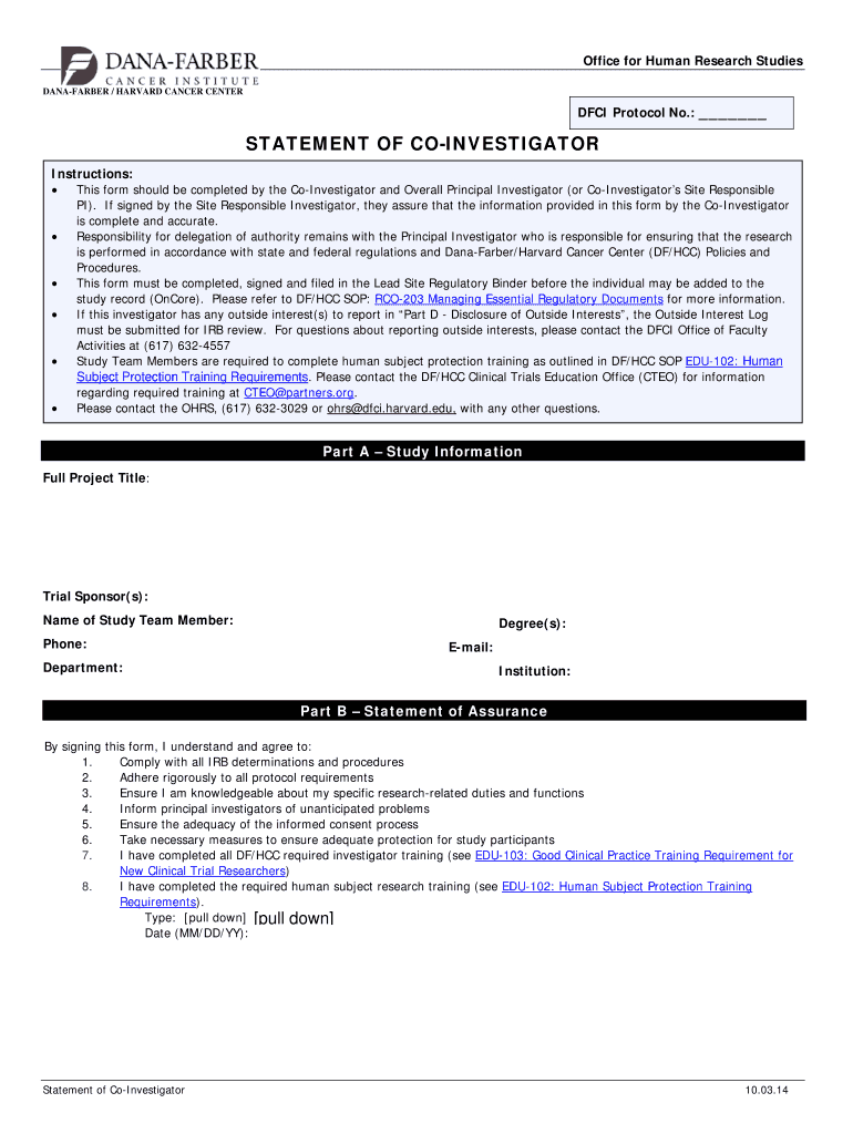 Fillable Online dfhcc harvard STATEMENT OF CO-INVESTIGATOR ...