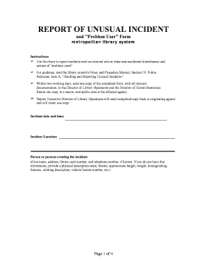Fillable Online my metrolibrary Report of Unusual Incident and Problem ...