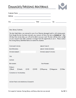 Fillable Online my metrolibrary AMAGEDMISSING MATERIALS ...