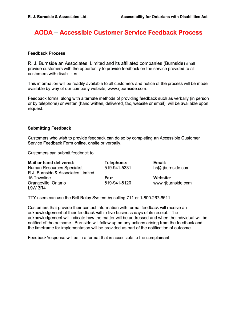 Fillable Online AODA Customer Feedback Form - Burnside Fax Email Print - pdfFiller
