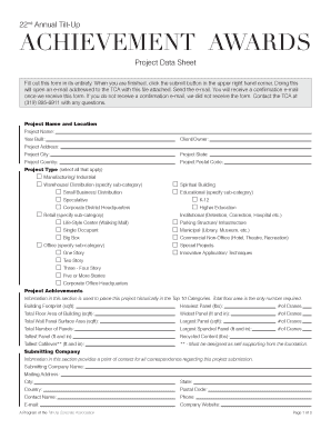 Fillable Online Achievement Awards Project Data Sheetindd Fax Email ...