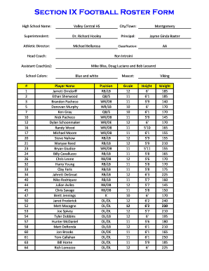 Fillable Online Section IX Football Roster Form CityTown Principal ...