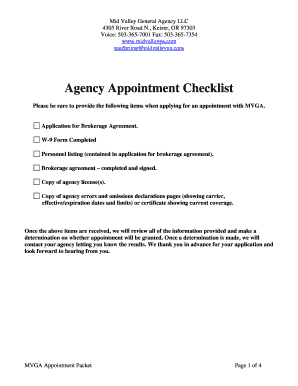 Fillable Online Agency Appointment Checklist - Mid Valley General ...