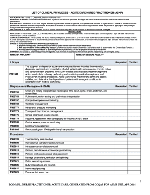 Fillable Online LIST OF CLINICAL PRIVILEGES ACUTE CARE NURSE ...