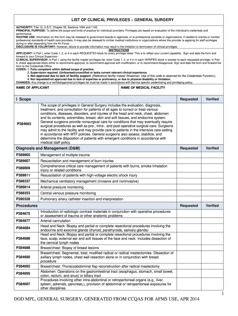 Fillable Online LIST OF CLINICAL PRIVILEGES GENERAL SURGERY Fax Email ...