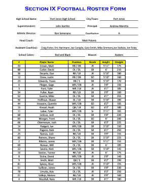 Fillable Online Section IX Football Roster Form CityTown Principal ...