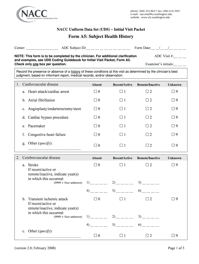 Fillable Online alz washington NACC Uniform Data Set UDS v20 IVP Form A5 - alz washington Fax ...