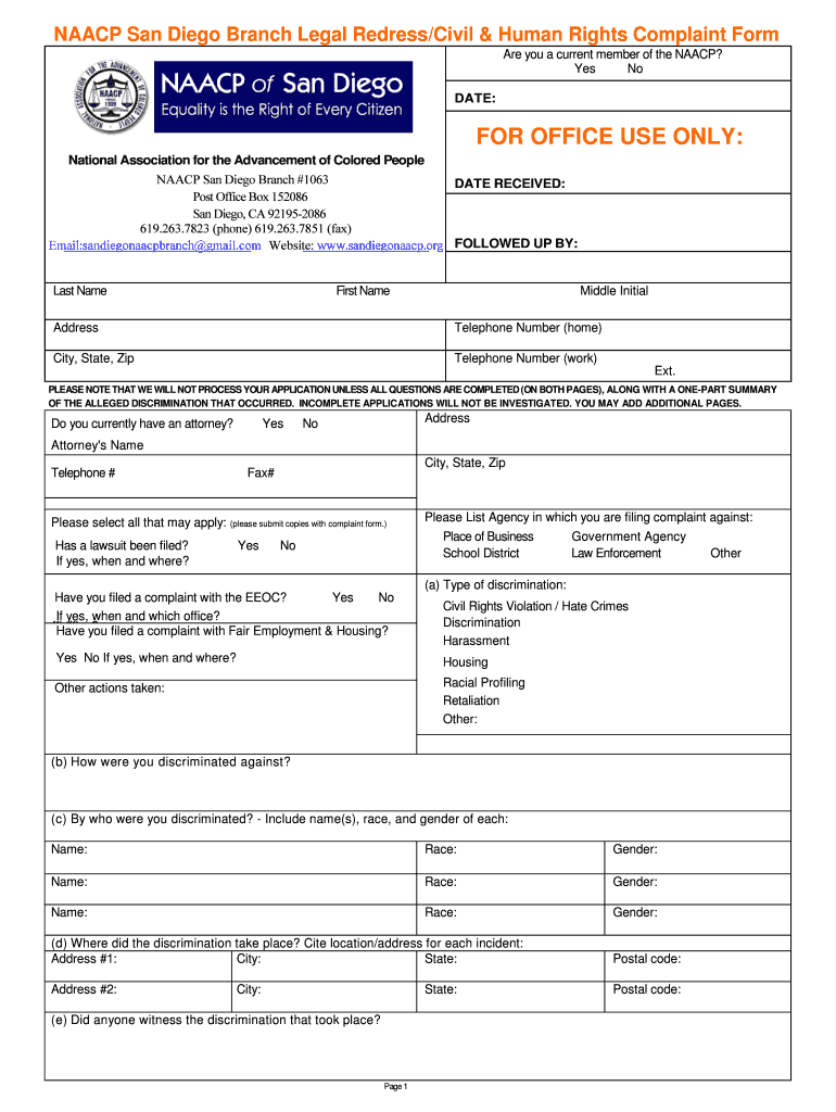 Fillable Online sandiegonaacp FOR OFFICE USE ONLY - NAACP San Diego Fax Email Print - pdfFiller