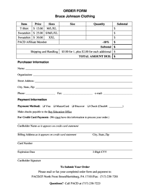 Fillable Online Bruce Johnson Prints and Clothing Order Form - PACD Fax ...