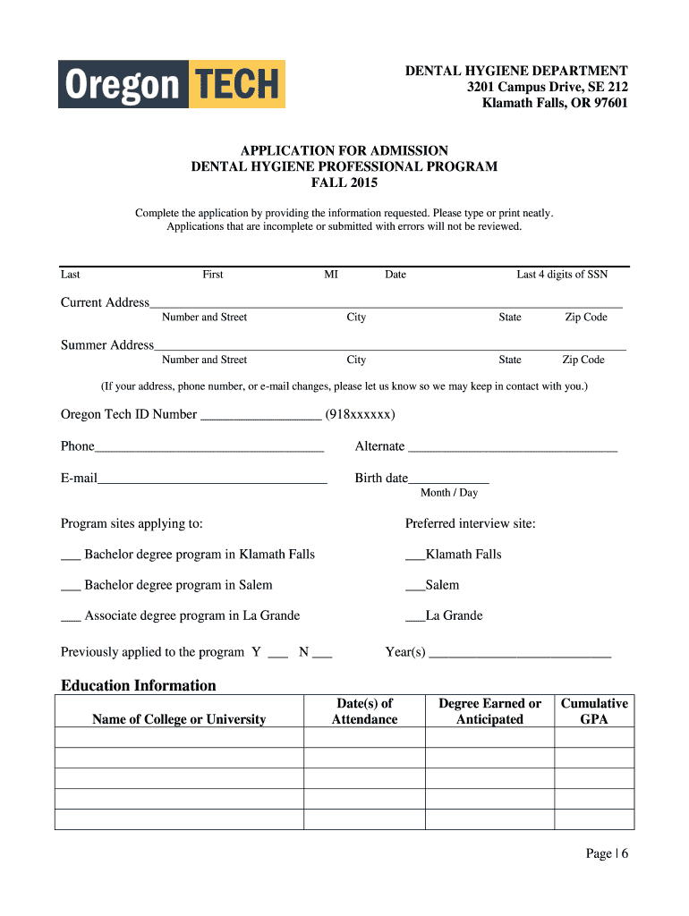 Fillable Online odsdentalhygiene Program Application for - ODS College ...