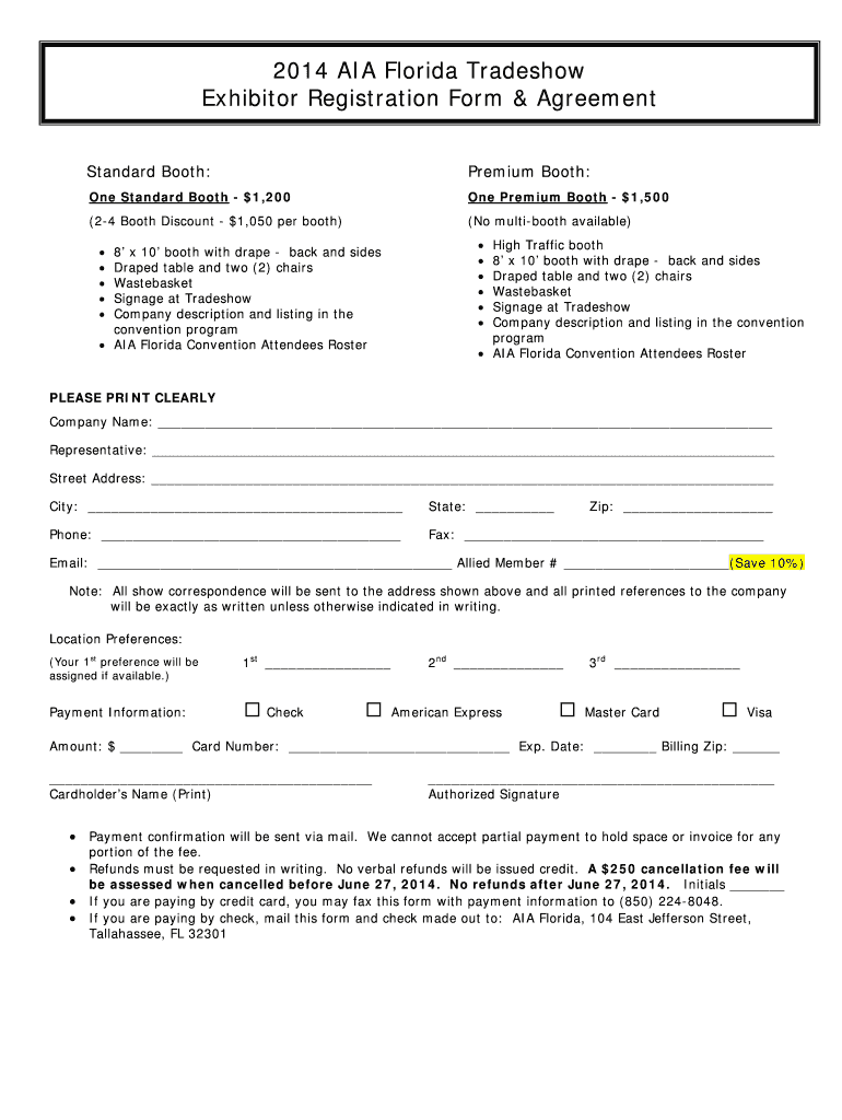 Fillable Online aiafla 2014 Tradeshow Registration Form Agreement - AIA ...