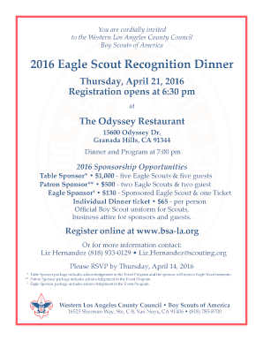 Fillable Online 2016 Eagle Scout Recognition Dinner - bsa-laorg Fax ...